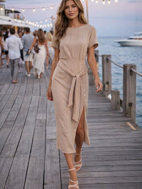 Privacy Please | Dresses | Nwt Short Sleeve Beige Belted Button Lined ...